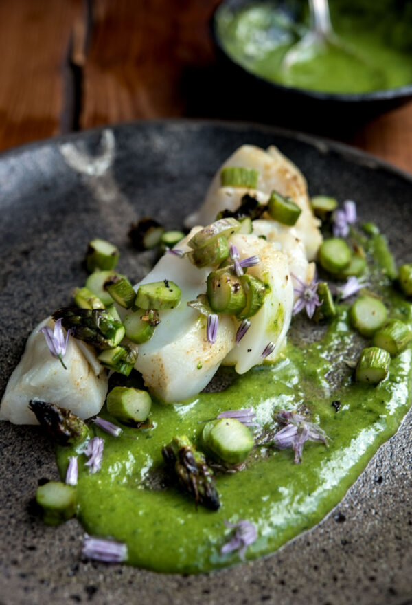 Butter Poached Cod with Ramp-Miso Sauce and Grilled Asparagus - WILD ...